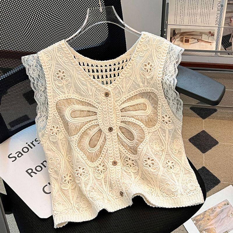 Áo Vest Dệt Kim Ren Kiểu Pháp, Thiết Kế khoét Chắp Vá, Thêu Ren ...