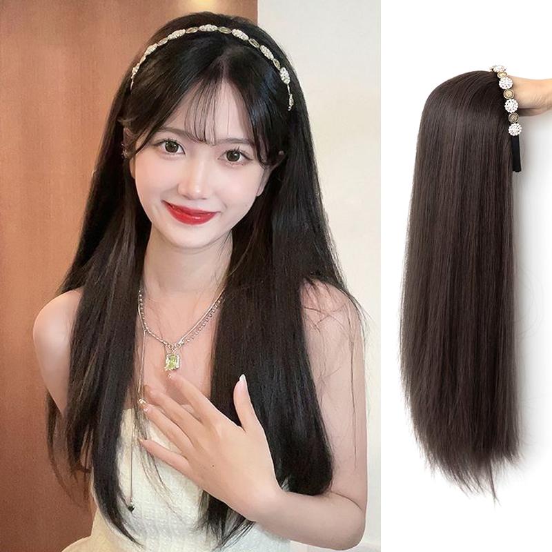 Straight Wig Vintage Rhinestone Hairband Wig Beauty Long Straight ...