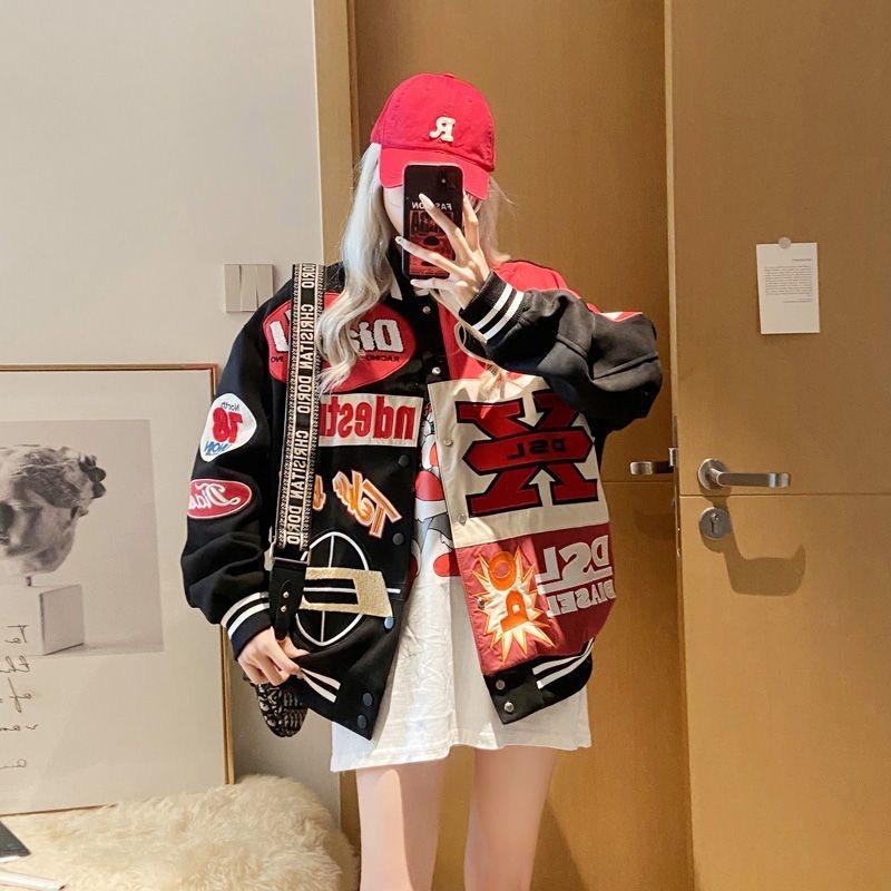 YATO Unisex embroidered oversize bomber jacket Coats Casual Cotton ...