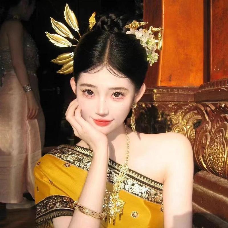 Jepit Rambut Daun Logam Thai Purba, Rekaan Indah, Bunga dan Reka ...