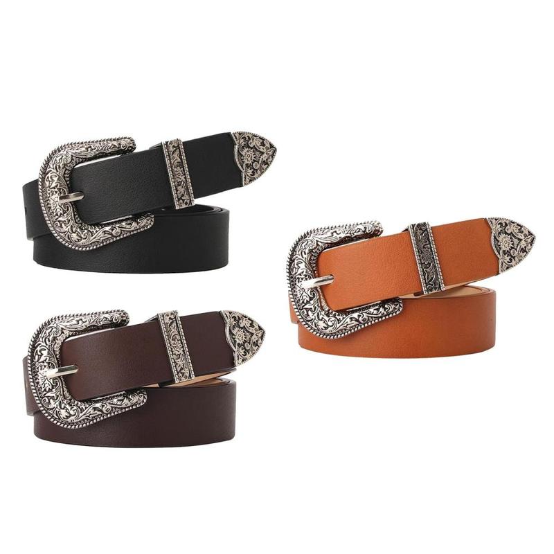 Leather Belt, Women Metal Buckle Waist Belt Vintage Western Carved ...