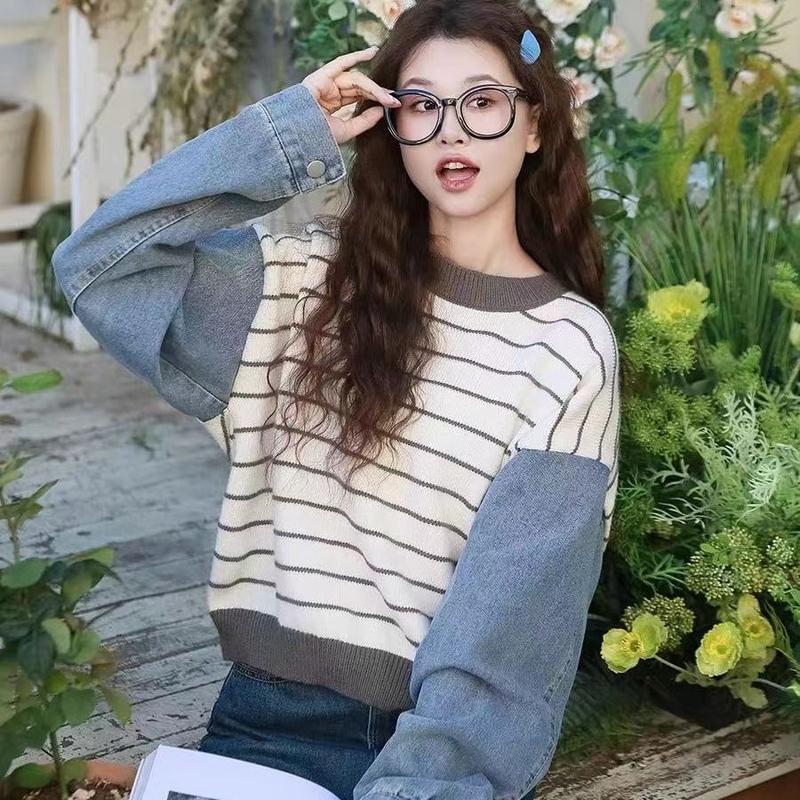 Baju Sweater Wanita, Gaya Malas, Longgar, Lengan Jahitan Denim ...