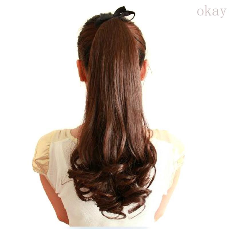 Long curly ponytail wi cord, synetic wig extensions, black, brown ...
