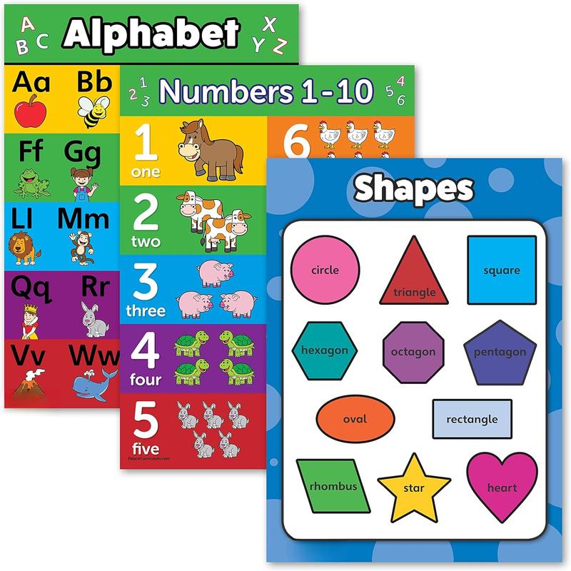 3 Pack - ABC Alphabet + Numbers 1-10 + Shapes Poster Set - Educational ...