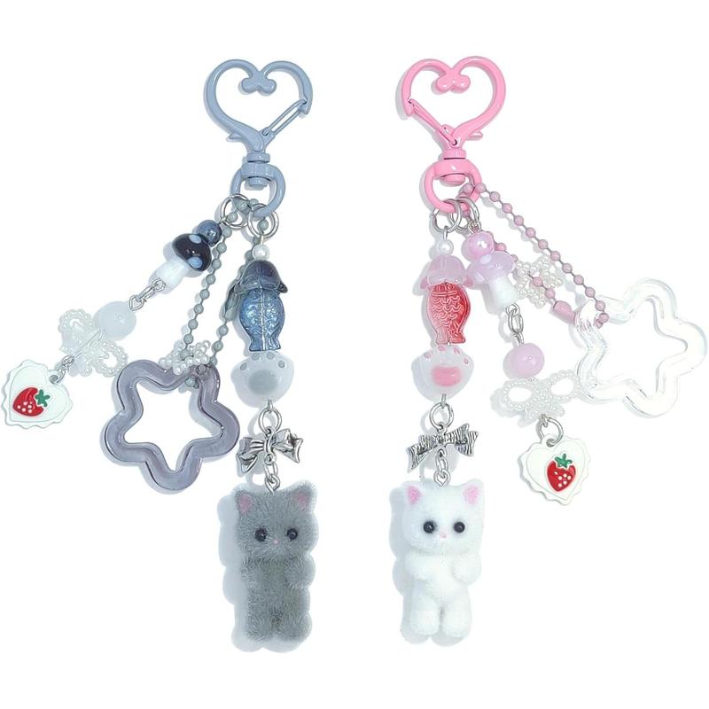 Cute pink keychain, fuzzy cat keychain aesthetic Y2K keychain stylish ...