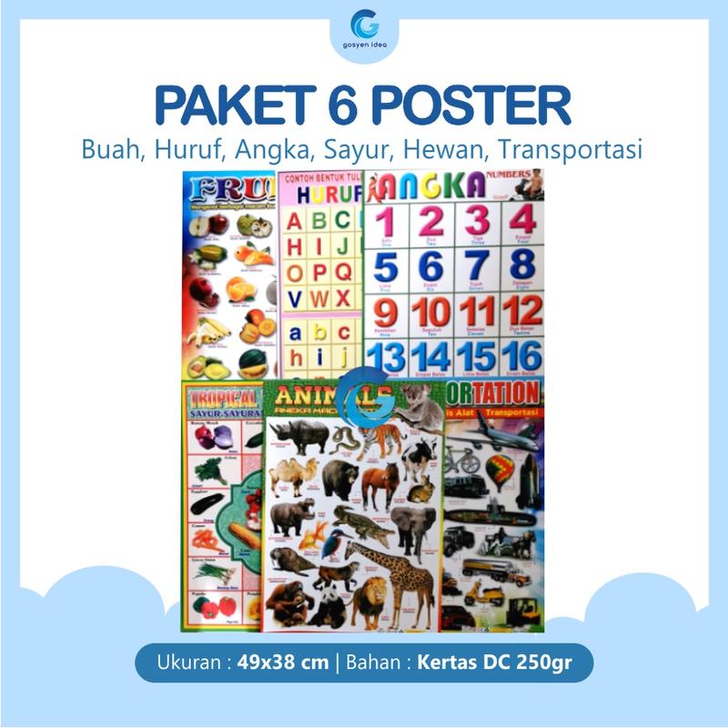 Paket 6 Poster Belajar Anak Edukasi Buah, Huruf ABC, Angka, Sayur ...