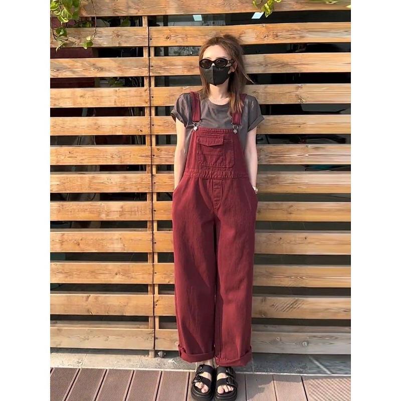 Seluar Suspender Denim, Retro Amerika, Warna Merah Wain, Untuk - TikTok ...
