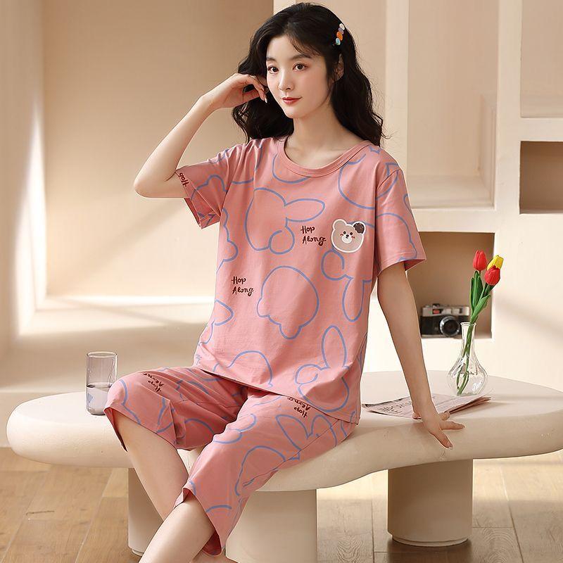 Cotton Summer Pajamas Women's Short-Sleeved Cropped Pants Two-Piece ...
