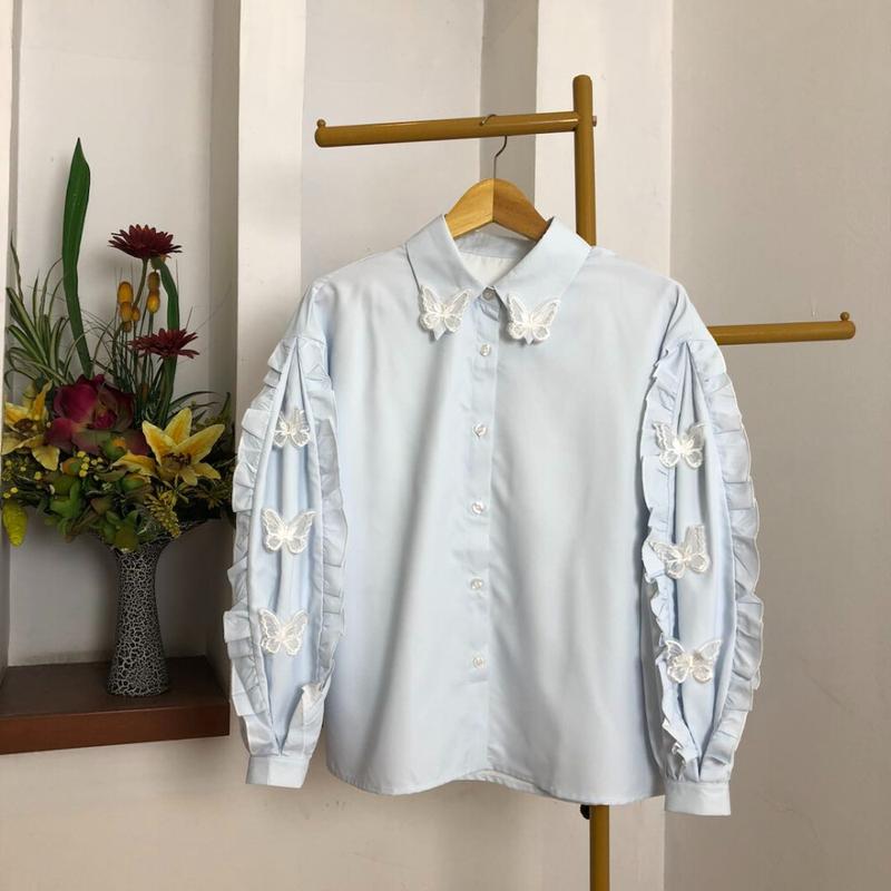 FADFAD Atasan kemeja lengan panjang kancing hidup sebaris motif - Shop ...