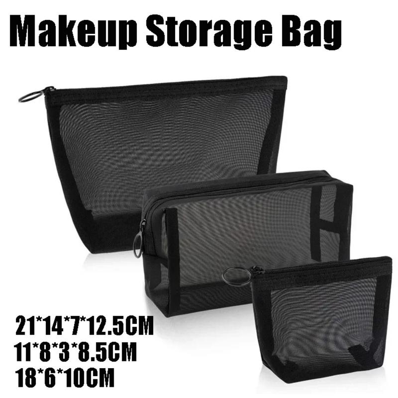 3 PCS/Set Black Mesh Makeup Storage Bag - Portable Cosmetic Organizer ...