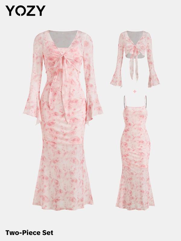 YOZY Women's Floral Print Mesh Dress & Tie Front Crop Outerwear Two ...