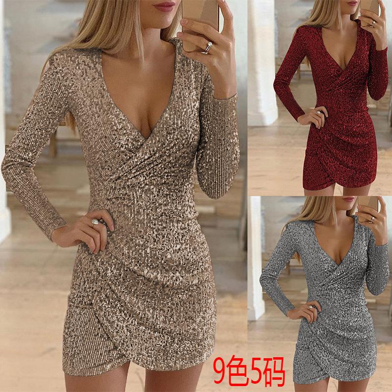 2019 New European and American Autumn Sexy V-neck Bodycon Irregular ...