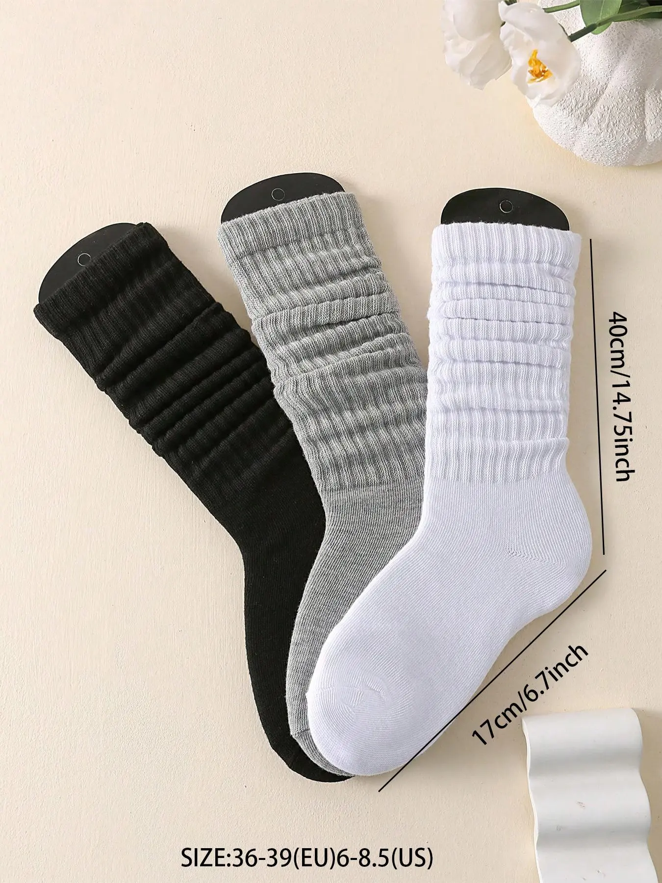 Women's 3 Pairs Vertical Striped Print Crew Socks, Solid Color Soft ...