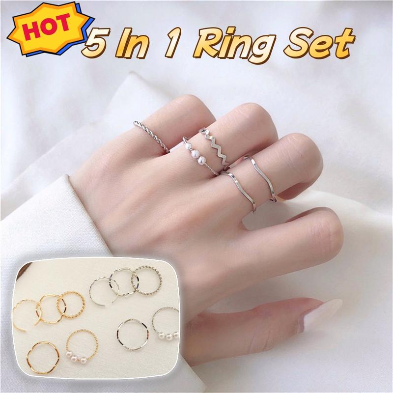 5 In 1 Ring Set Rings Pearl Wave Ring Set Personalized Simpl - TikTok ...