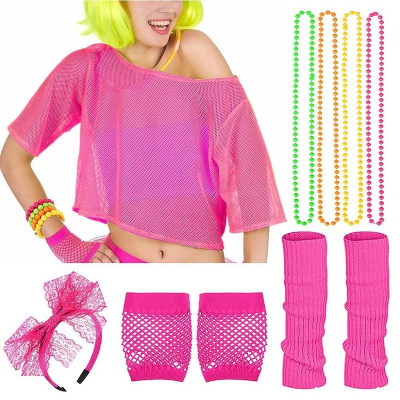 Retro Leg Warmers Fishnet Shirt Necklace Set Headband Neon 80s - TikTok ...