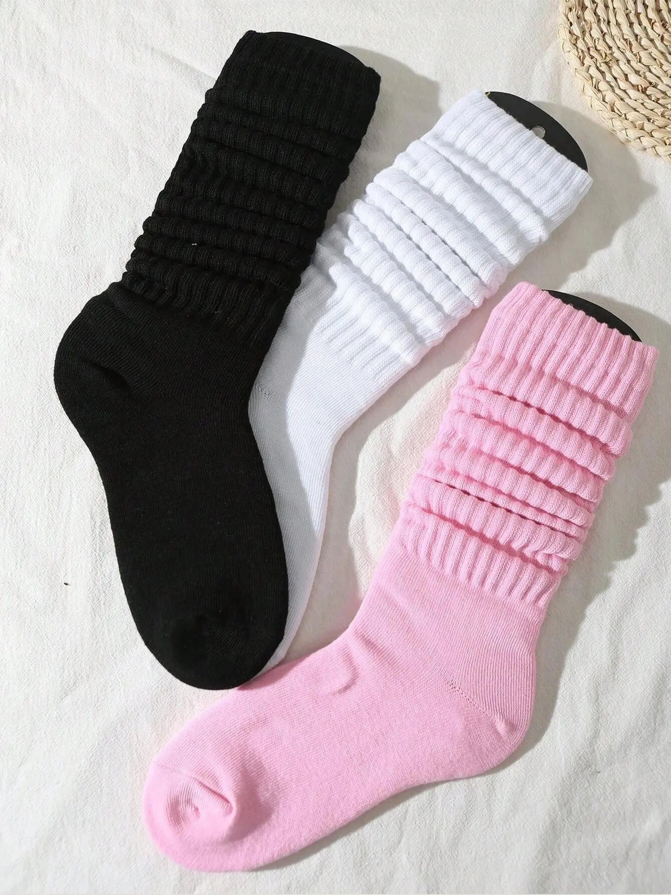Women's 3 Pairs Vertical Striped Print Crew Socks, Solid Color Soft ...