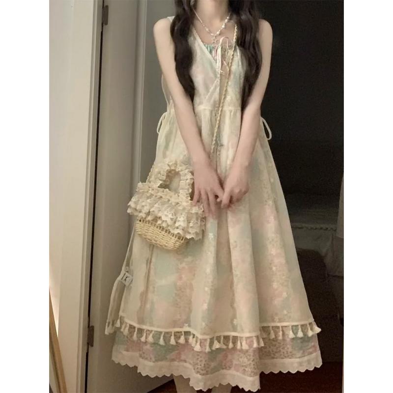 Gaun Tali Bunga, Gaya Perancis, Manis dan Pastoral, Untuk Wanita ...