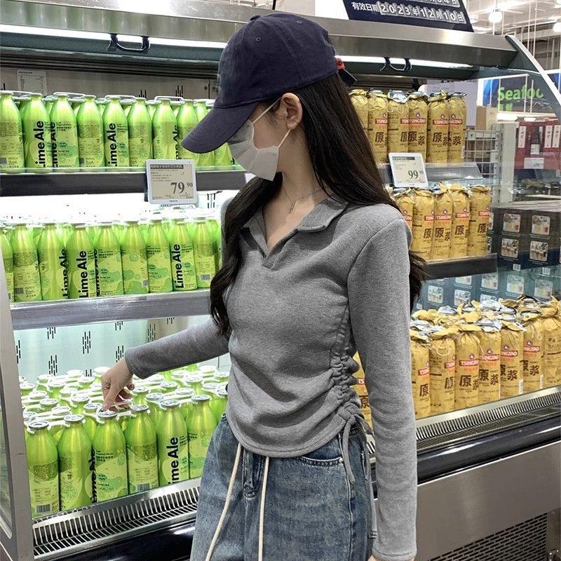 Kemeja-T Lengan Panjang, Gaya Comel dan Seksi, Kolar Polo, Bahu ...