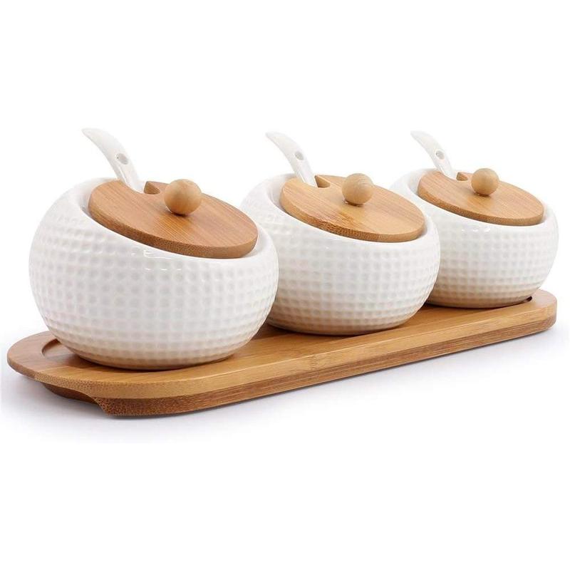 Porcelain Condiment Jar Spice Container with Lids - Bamboo Cap Holder ...
