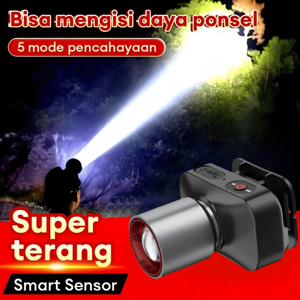 Headlamp LED 500W Penerangan terus menerus selama 800 H senter kepala ...