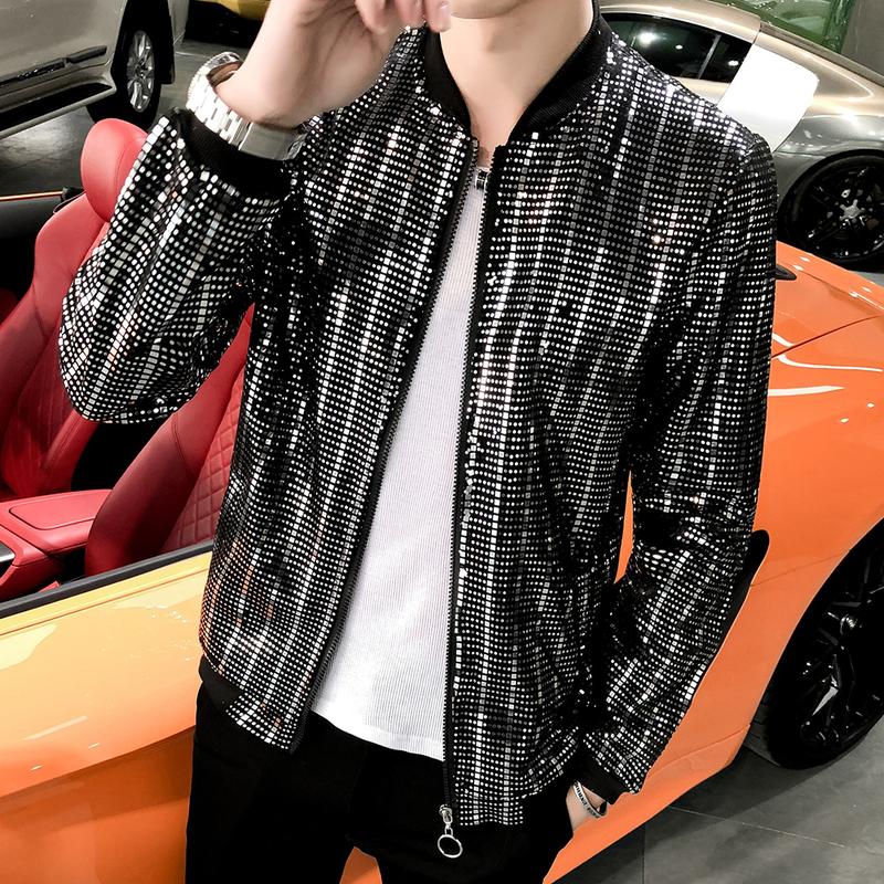 Men Shiny Sequins Long Sleeve Zip Pocket Nightclub Singer Jacket ...