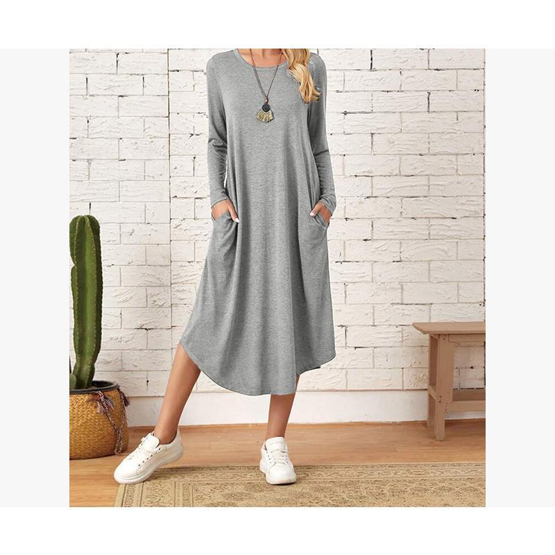 Women's Casual Light Gray Knitted Side Seam Dress with Straight Pocket ...