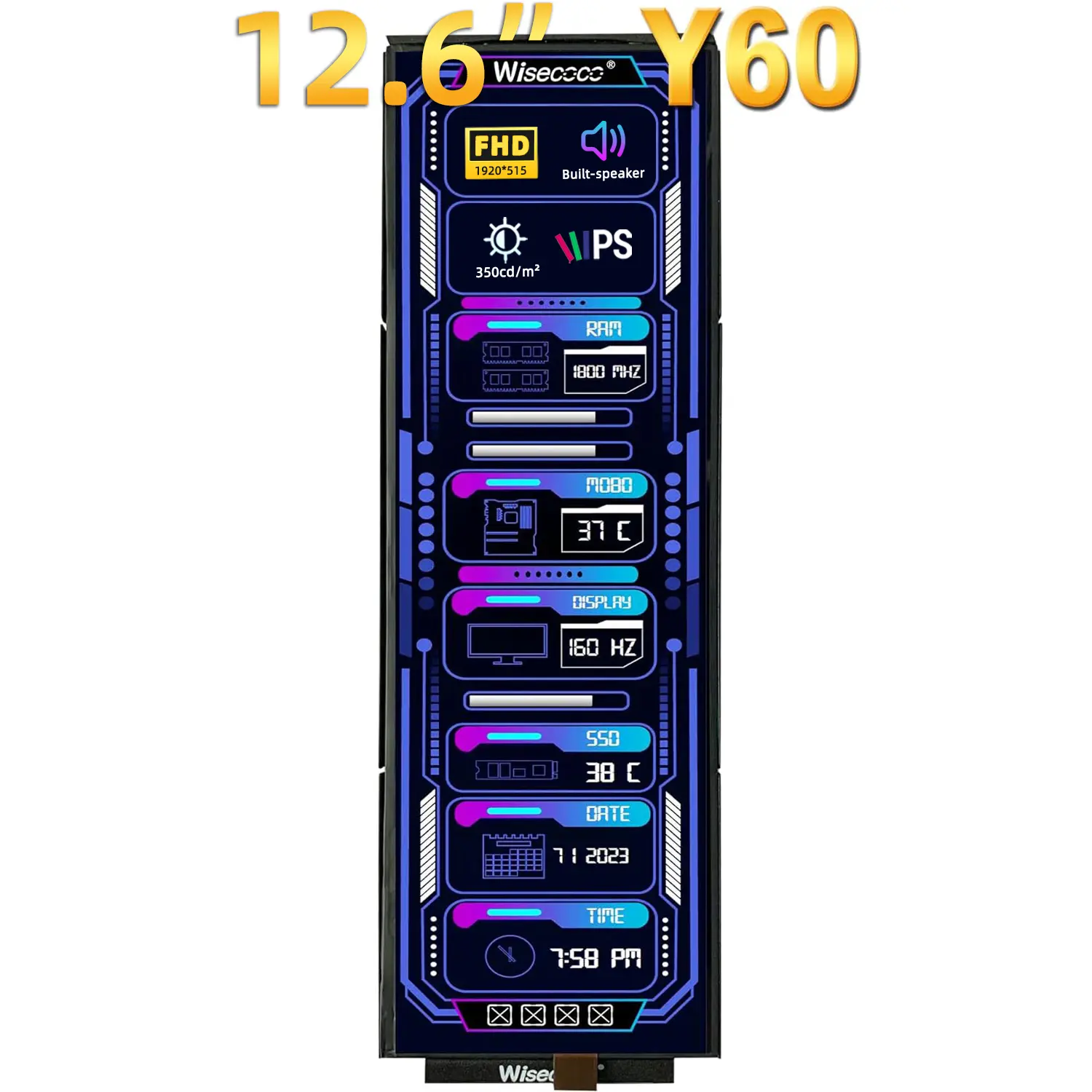 Wisecoco 12.6 Inch Bar LCD Screen 1920x515 IPS HDMI Display Monitor ...