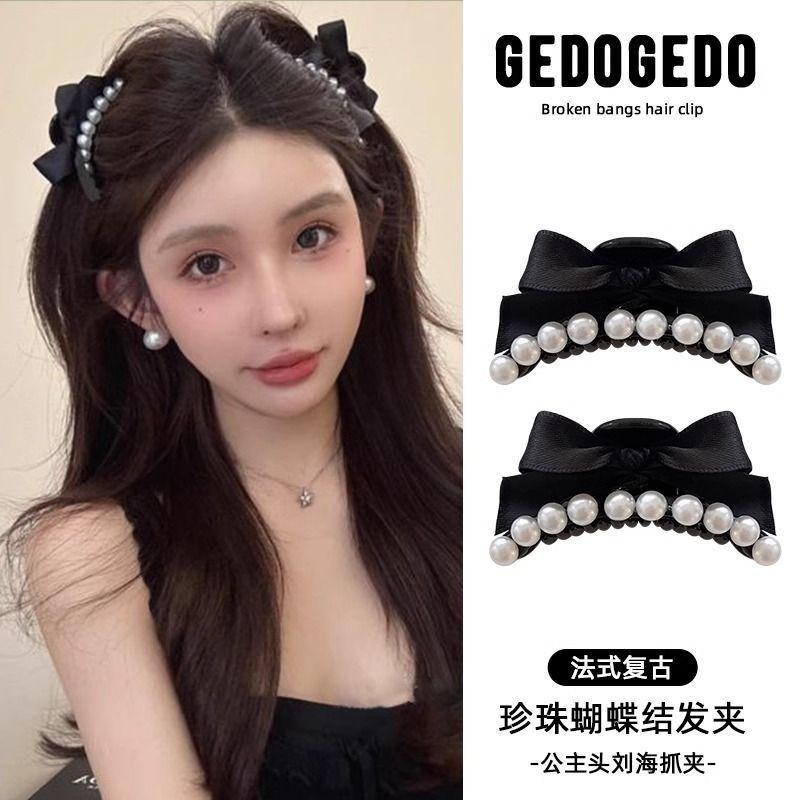 Korean pearl bow hair clip, female retro forehead princess head ...