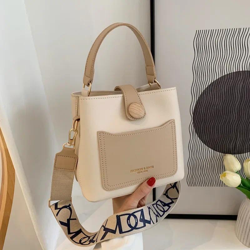 Stylish women's small bucket tote bag PU leather shoulders simple ...