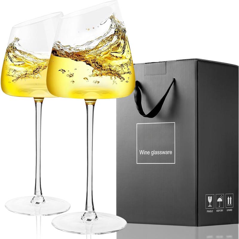 Slanted White Glasses Set of 2, Modern No-lead Hand-Blown Long Stem Red glasses, Clear Glass ...