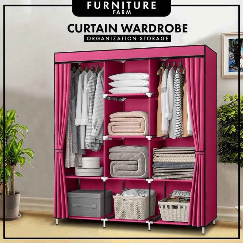 F&F:Curtain Wardrobe with drawer/almari kain/almari baju murah/wardrobe ...