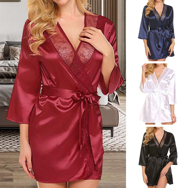 Fw.Q-Women Nightdress Solid Color Satin Cardigan Lace Up Tight Waist ...