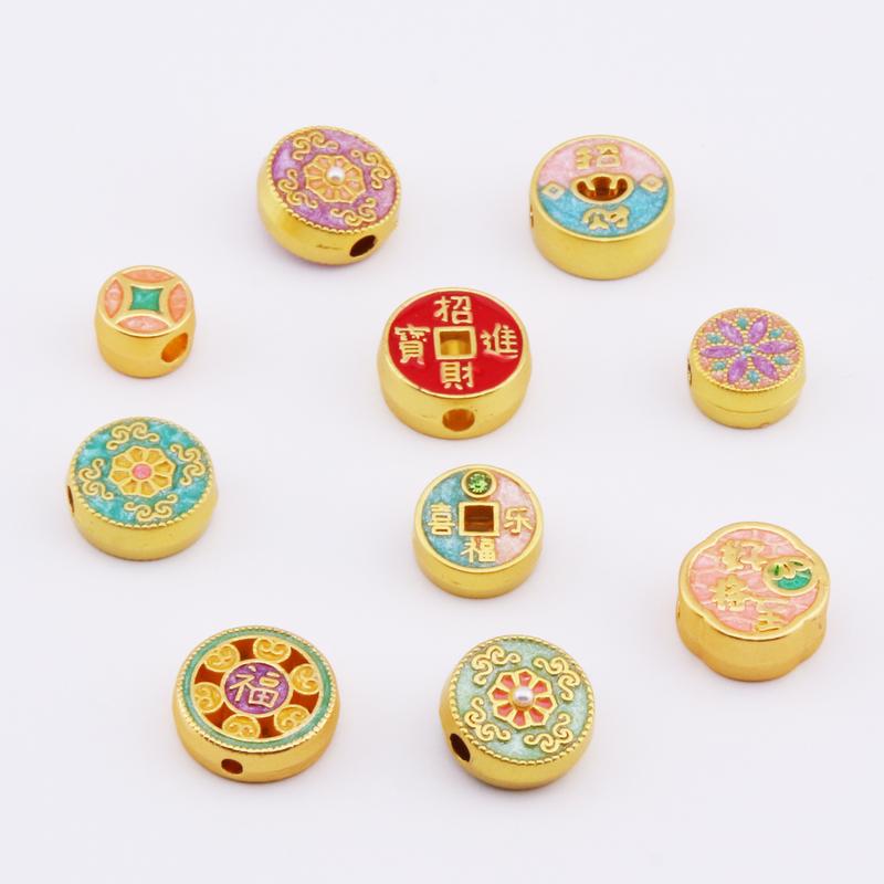 DIY Antique Matte Gold Enamel Hollow-Out Lucky Fu Character Round ...