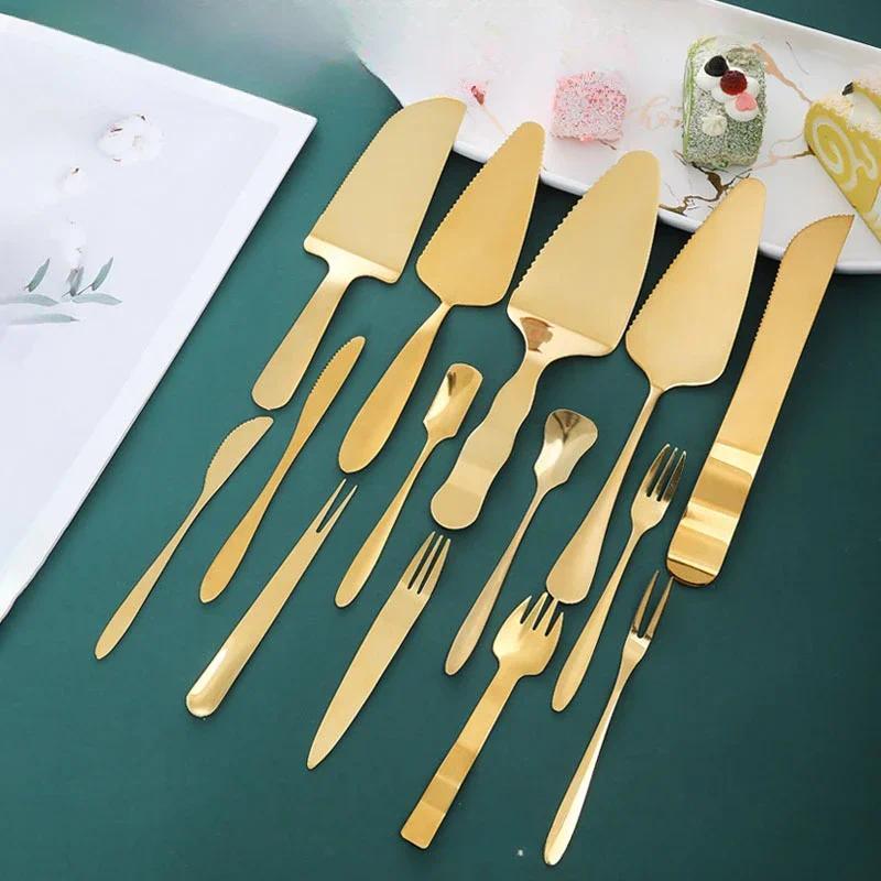 Golden Cake Spatula Stainless Steel Cake Knife, Fork and Spoon Set ...