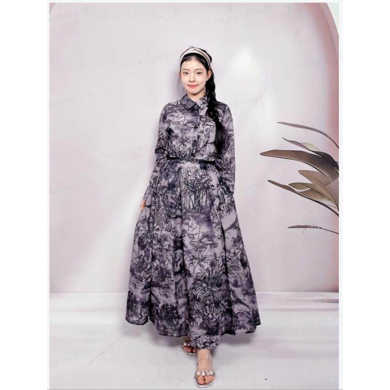 FADFAD Gaun Wanita Motif Bergaris Rok Panjang Berkerah Lenga - Shop ...