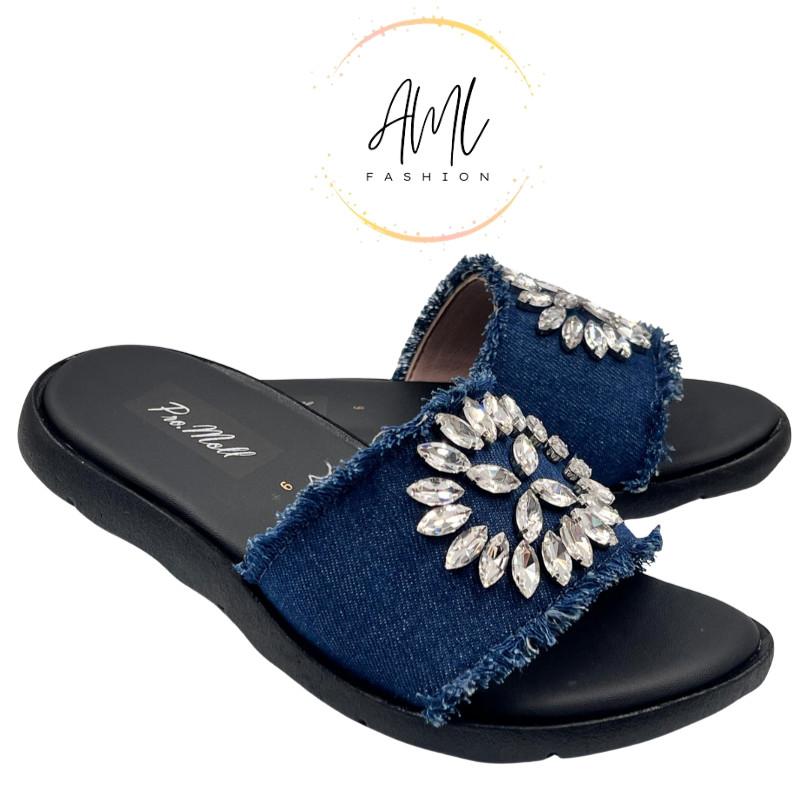 AIMILY Denim Wanita Dengan Berlian, Selipar Kasual Berfesyen - TikTok ...