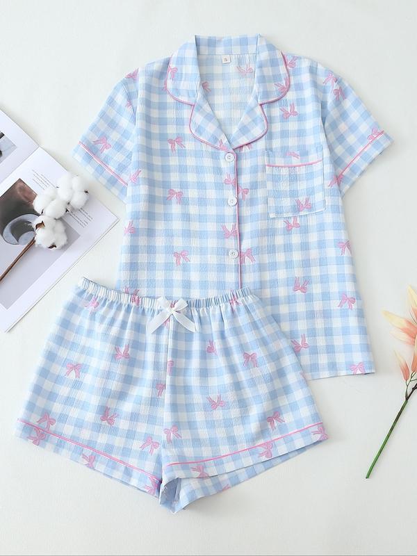 Women's Plaid & Bow Print Pyjama, Casual Comfy Short Sleeve Lapel ...