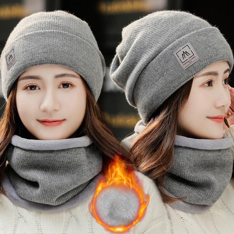 Set Beanie dan Selendang Berkait Wanita, Lapik Baldu Tebal, Topi ...
