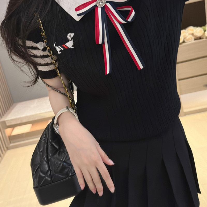 Contrast Color Puppy Bow Lapel Thin Ice Silk Top Women's 24 Summer ...