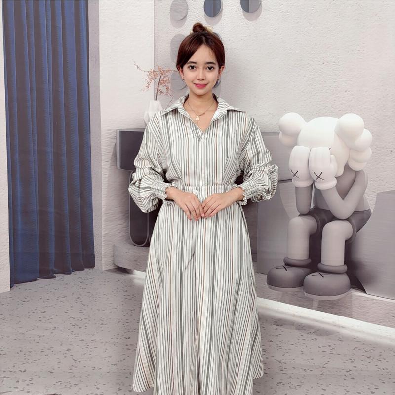 FADFAD Gaun Wanita Motif Bergaris Rok Panjang Berkerah Lenga - Shop ...