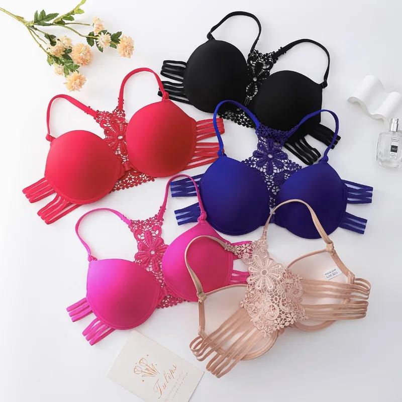 Japan Lace Sexy Gathering Front Opening Bra, Solid Color Plunge ...