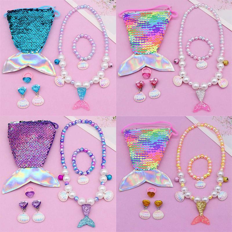 Cartoon Mermaid Jewelry Set With Gift Box Necklace Earrings Ring ...