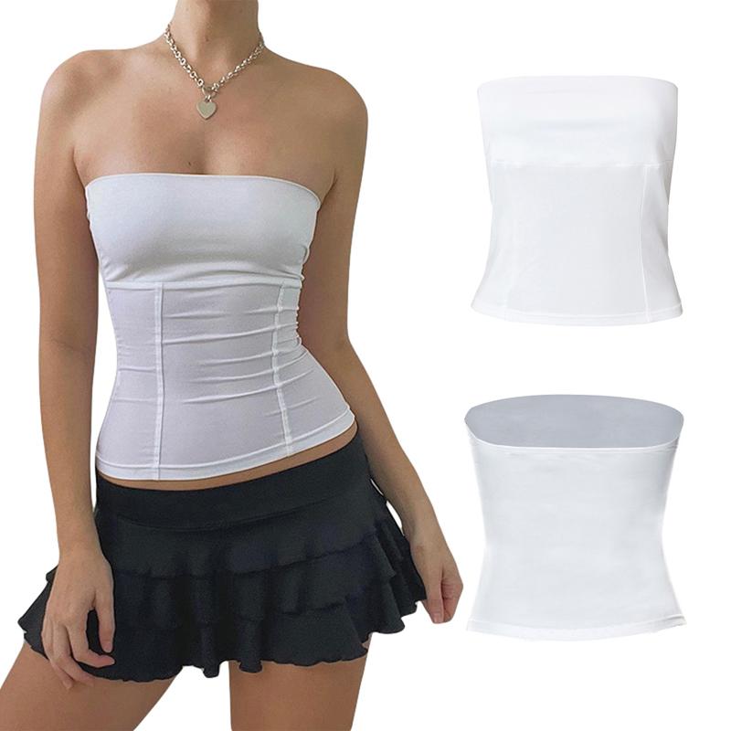 Women Y2K Satin Crop Tube Top Solid Bandage Strapless Sleeveless ...