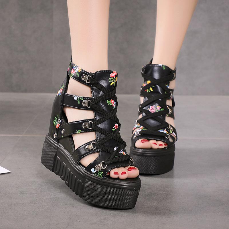 Sandal Roman, Tumit Tinggi, Blok Warna, Tali Silang, Kasut Wanita ...