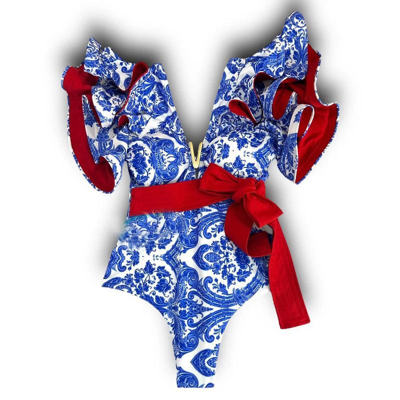 2025 New Print Ruffle One Piece Swimsuit Off The Shoulder Swimwear ...