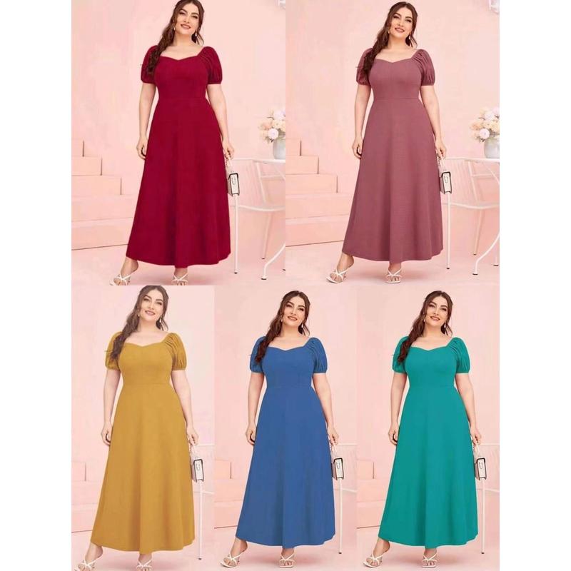 Plus Size Casual Plain Sweetheart Neck A Line Maxi Maroon Yellow ...