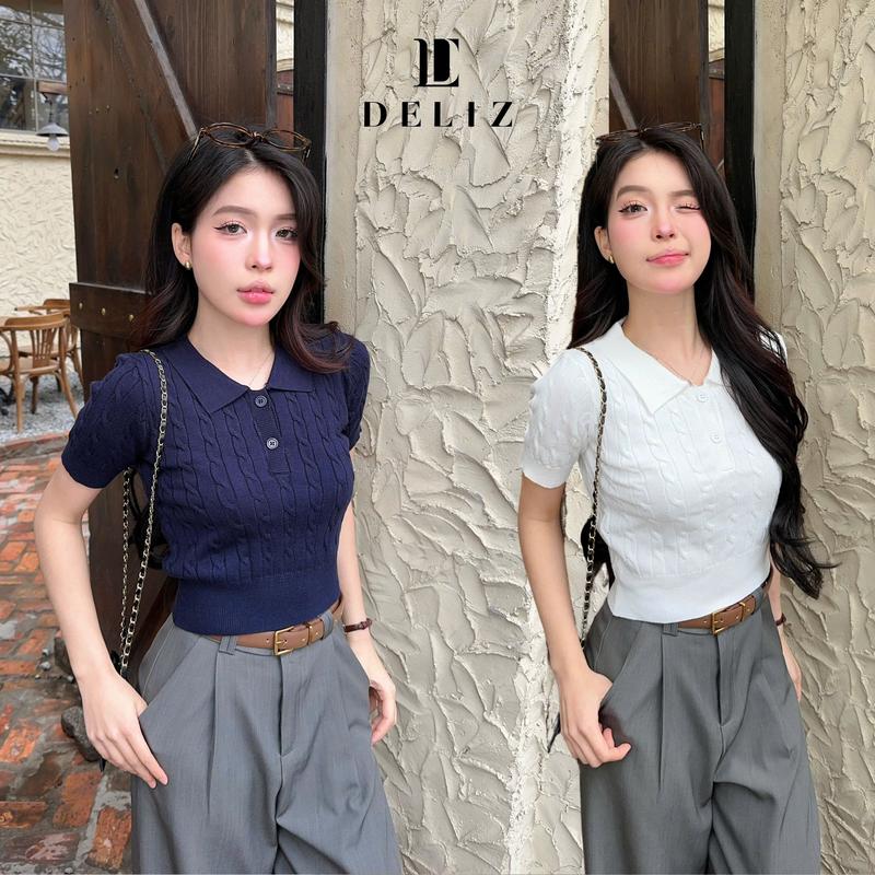 Áo len thiết kể cổ polo trơn form thắt eo chất liệu cao cấp DELIZ ...