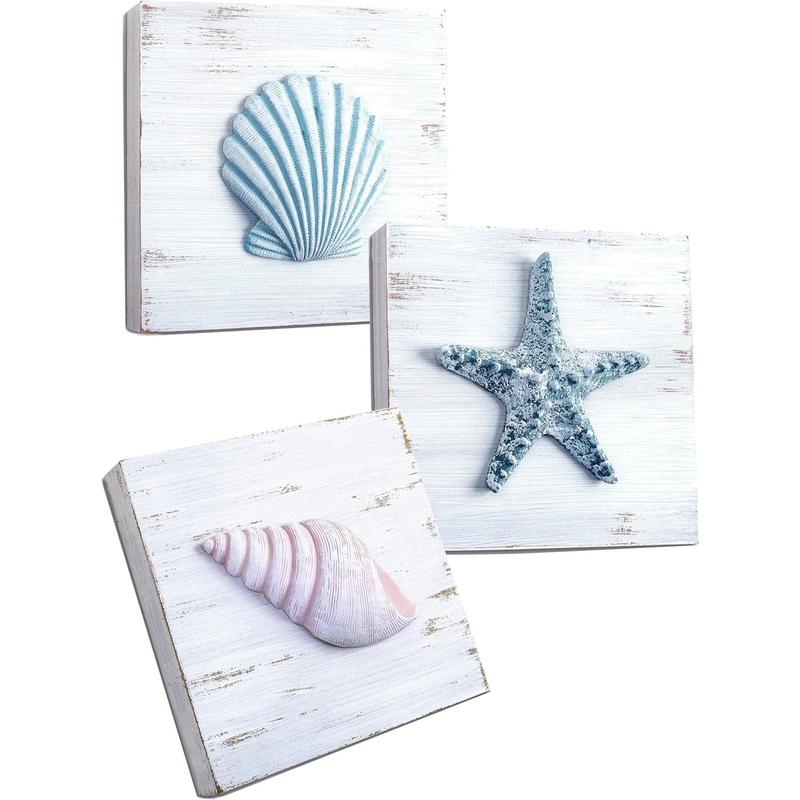 3D Beach Wall Art - Seashell with Starfish for Coastal Bathroom Decor ...