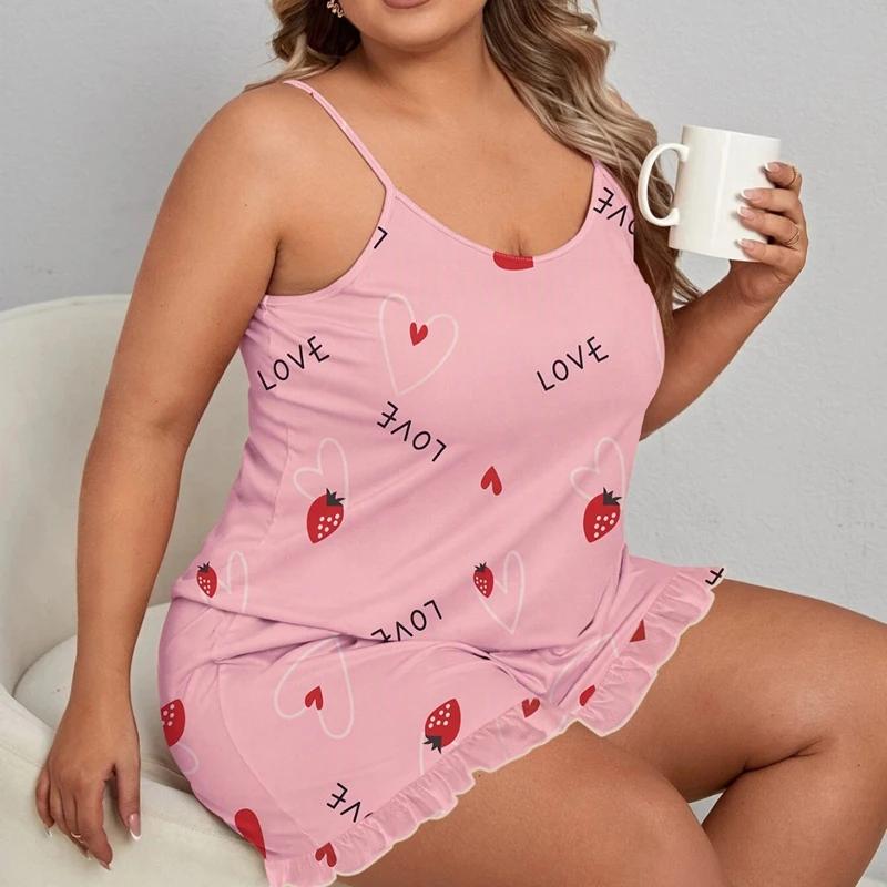 Plus Size Pink Stawberry Pajama Set Women's Plus Size Satin Cami ...