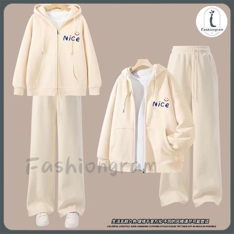 Sweater Bertudung, Gaya Preppy, Jaket Zip, Seluar Kasual Longgar ...